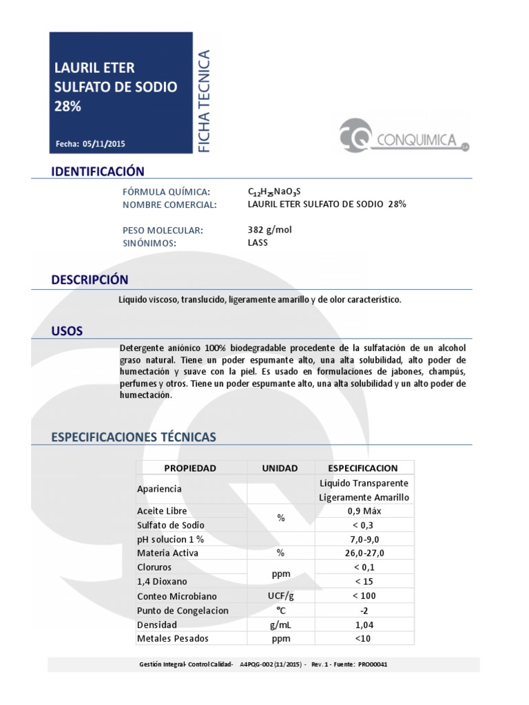 FT Lauril Eter Sulfato de Sodio 28 | PDF