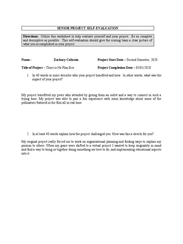 Senior Project Self-Evaluation Directions: Utilize This Worksheet To ...