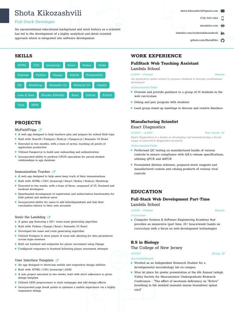 Shota Kikozashvili Software Developer Resume | PDF | Web Application | Postgre Sql