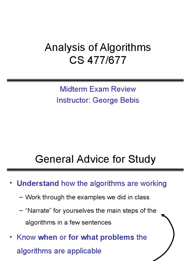Analysis of Algorithms CS 477/677: Midterm Exam Review Instructor: George Bebis | PDF ...