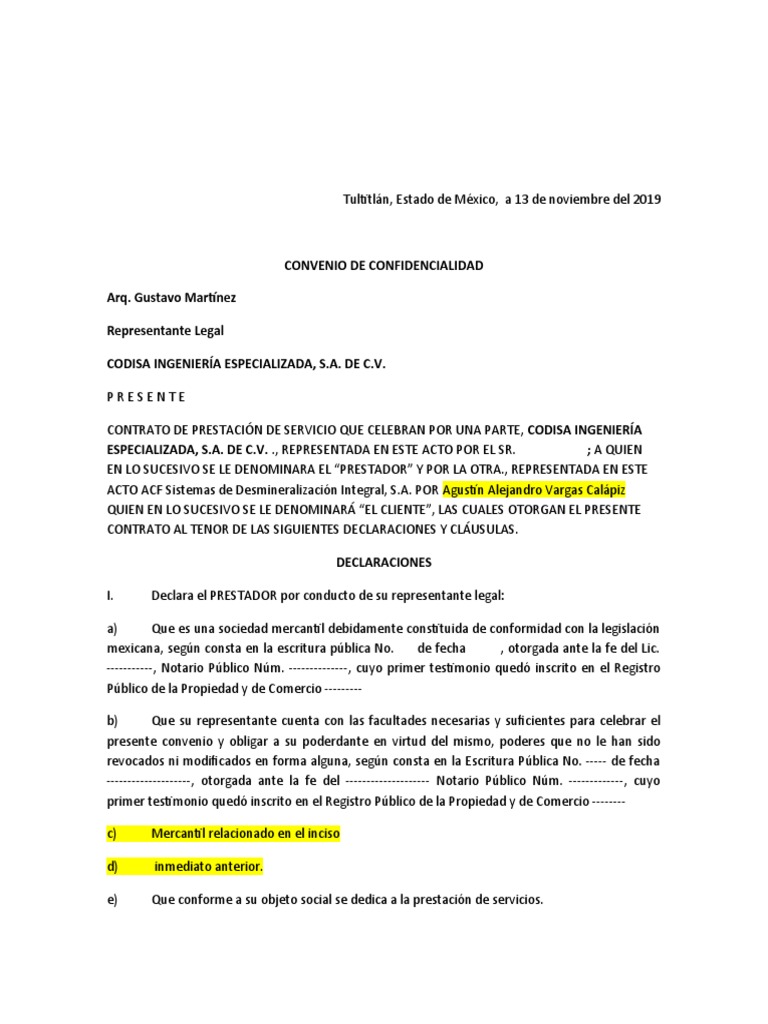 Convenio de Confidencialidad CODISA Original | PDF | Sociedad de responsabilidad limitada ...