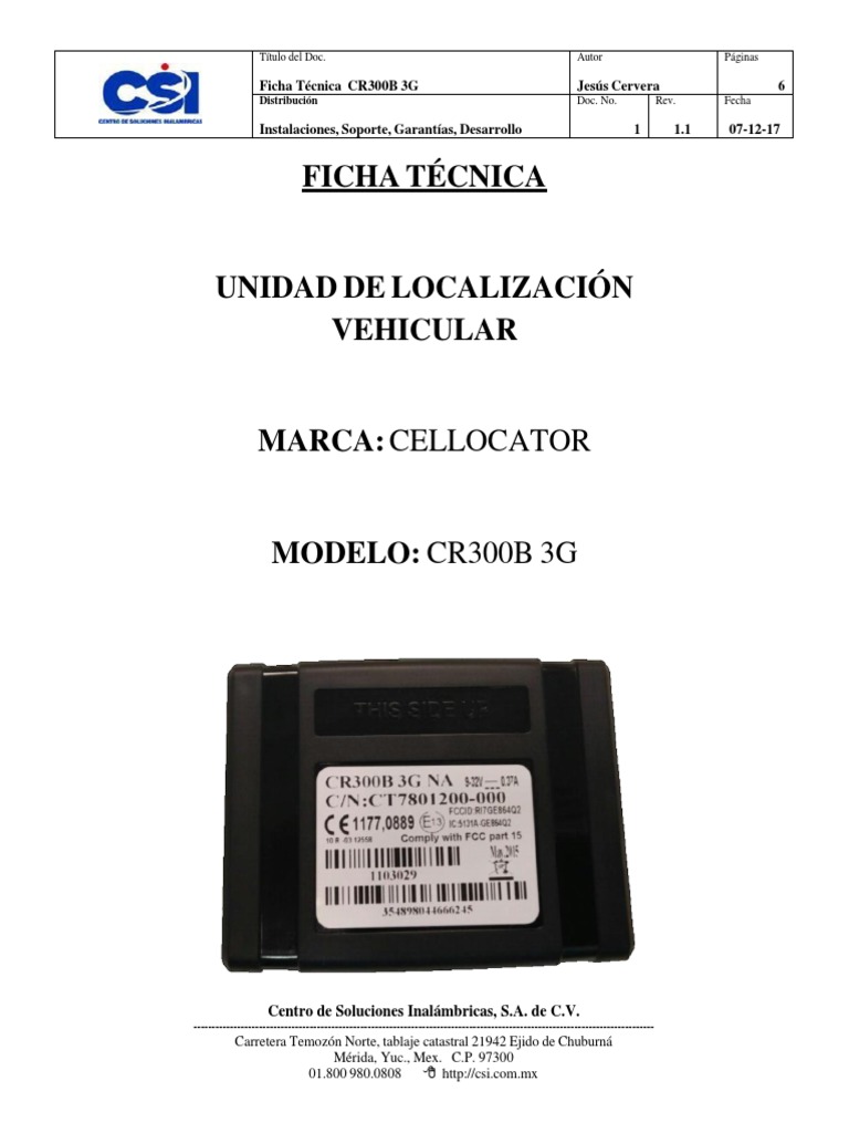 Ficha Técnica Cellocator CR300B 3G | PDF | 3 G | paquete general de Radio sevicio