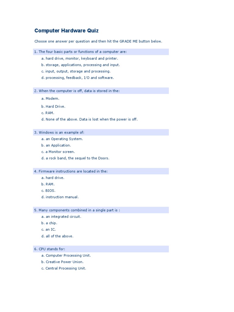 Computer Hardware Quiz | PDF | Computer Data Storage | Random Access Memory