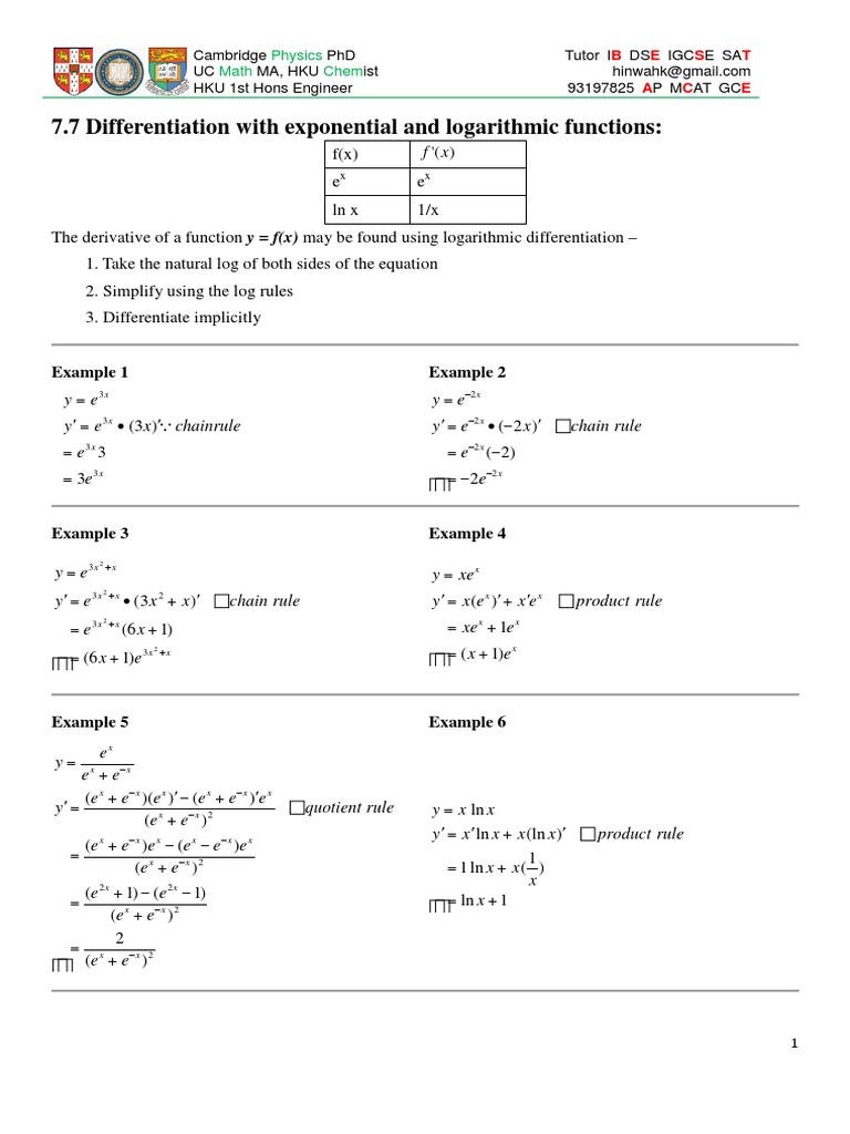 7.7 Differentiation With Exponential and Logarithmic Functions | PDF ...