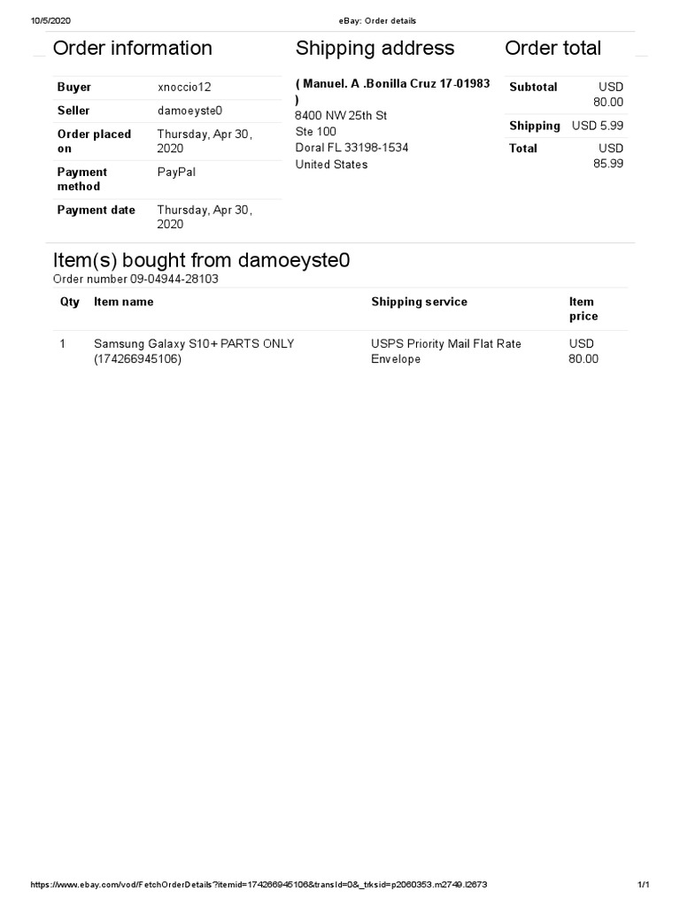 Ebay - Order Details | PDF