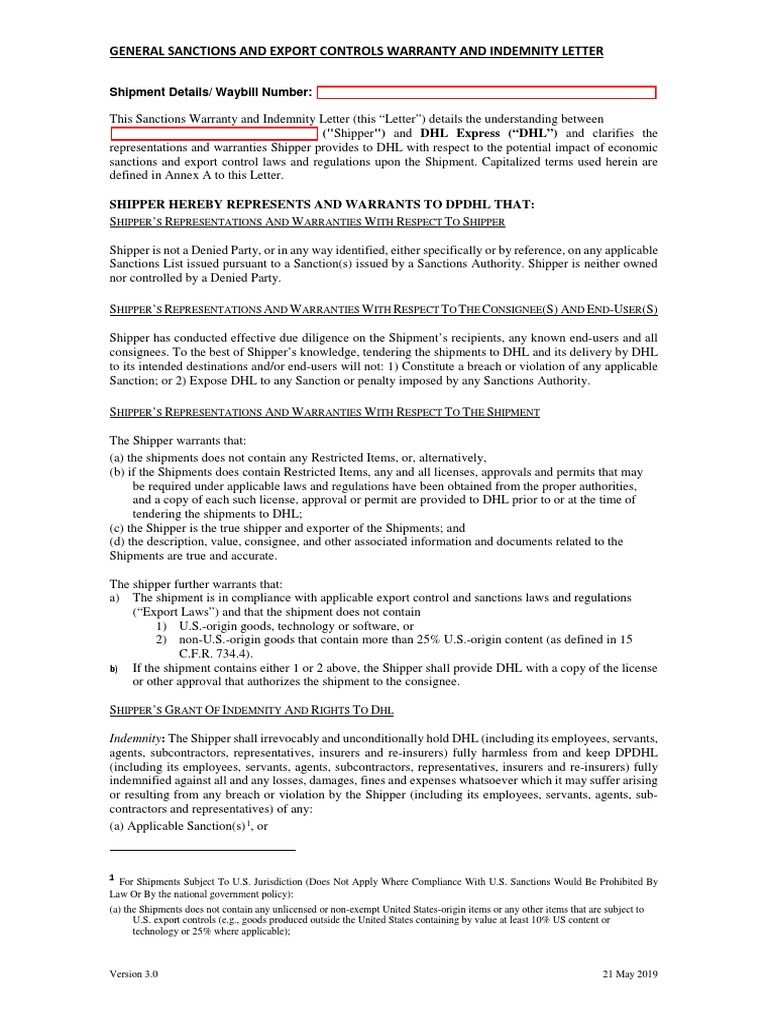 General Sanctions and Export Controls Warranty and Indemnity Letter ...