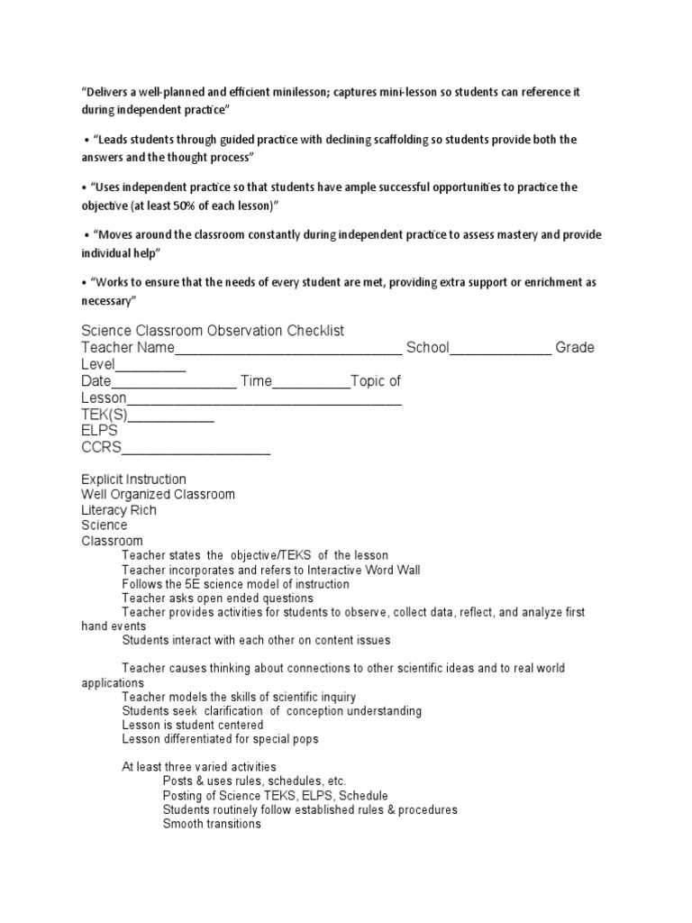 SCIENCE Observation Checklist | PDF | Science | Teachers