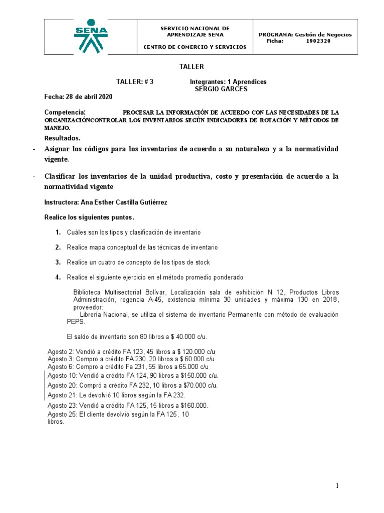Taller 3 de Inventario SERGIO GARCES | PDF | Inventario | Procesos de ...