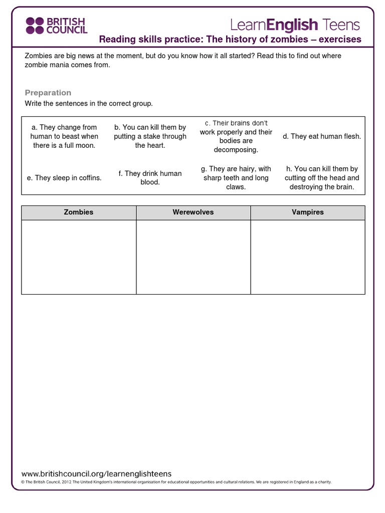 Reading Skills Practice: The History of Zombies - Exercises ...