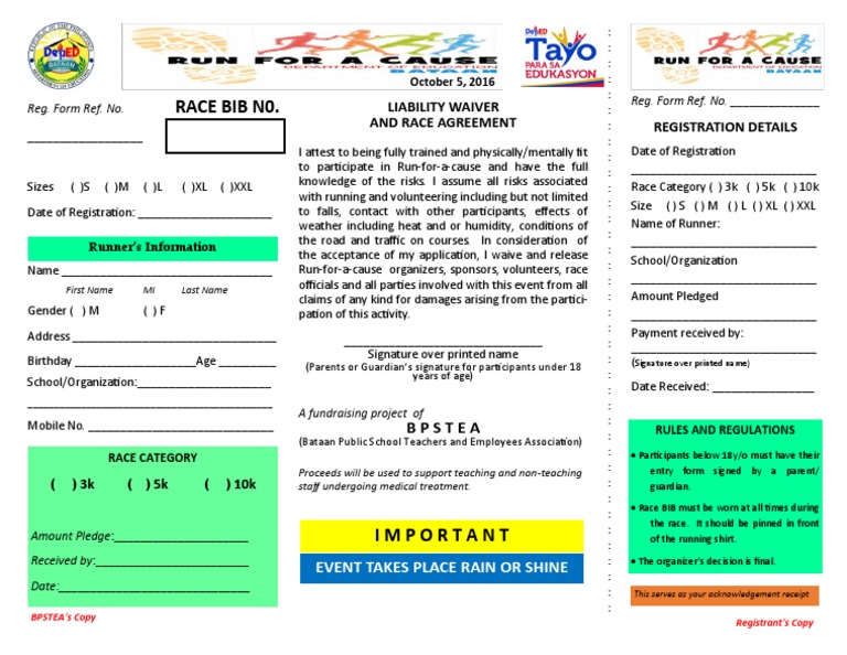 Race Bib N0.: Liability Waiver and Race Agreement Registration Details ...