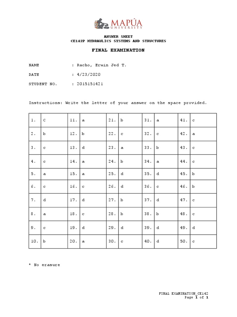 Final Examination: Answer Sheet Ce142P Hydraulics Systems and Structures | PDF