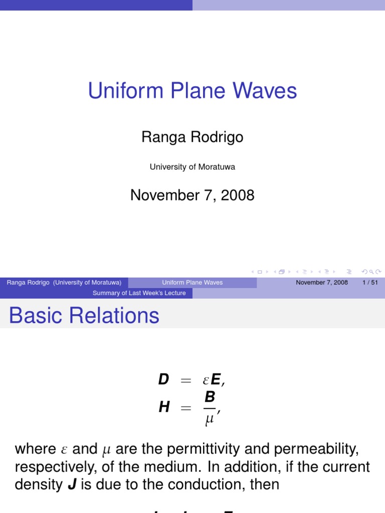Uniform Plane Waves: Ranga Rodrigo | PDF | Sine Wave | Waves