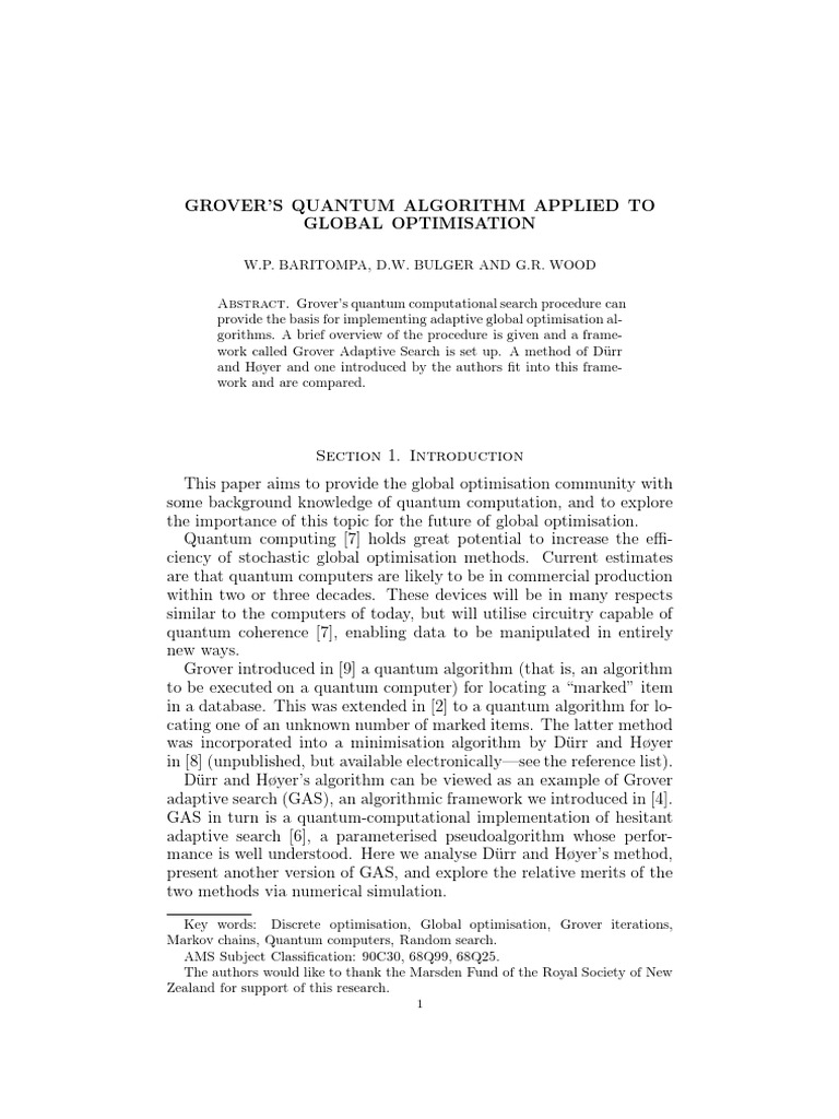 Grover'S Quantum Algorithm Applied To Global Optimisation | PDF ...