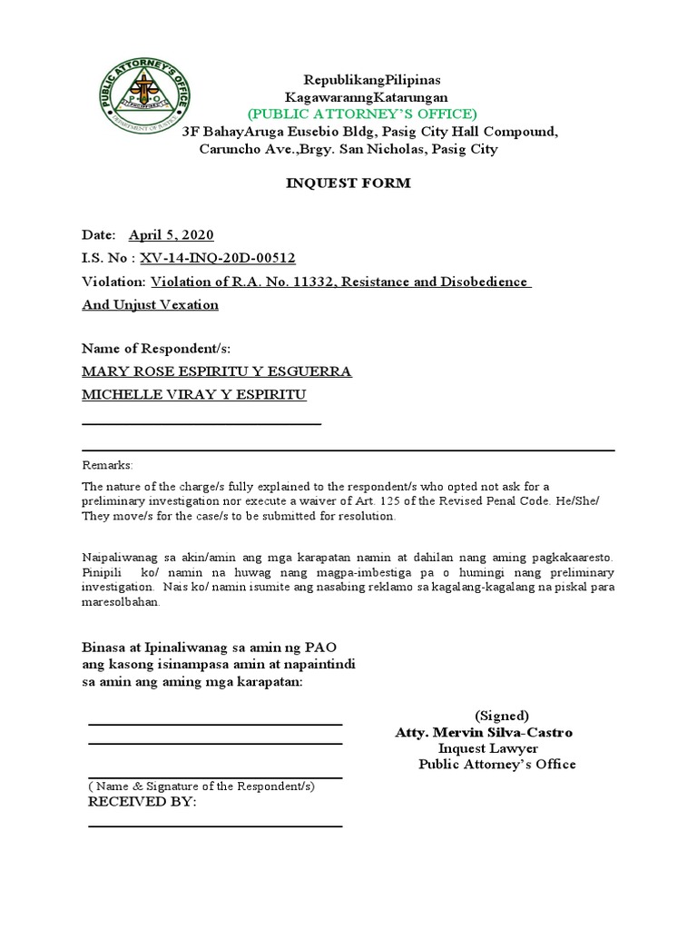 (Public Attorney'S Office) : Inquest Form | PDF