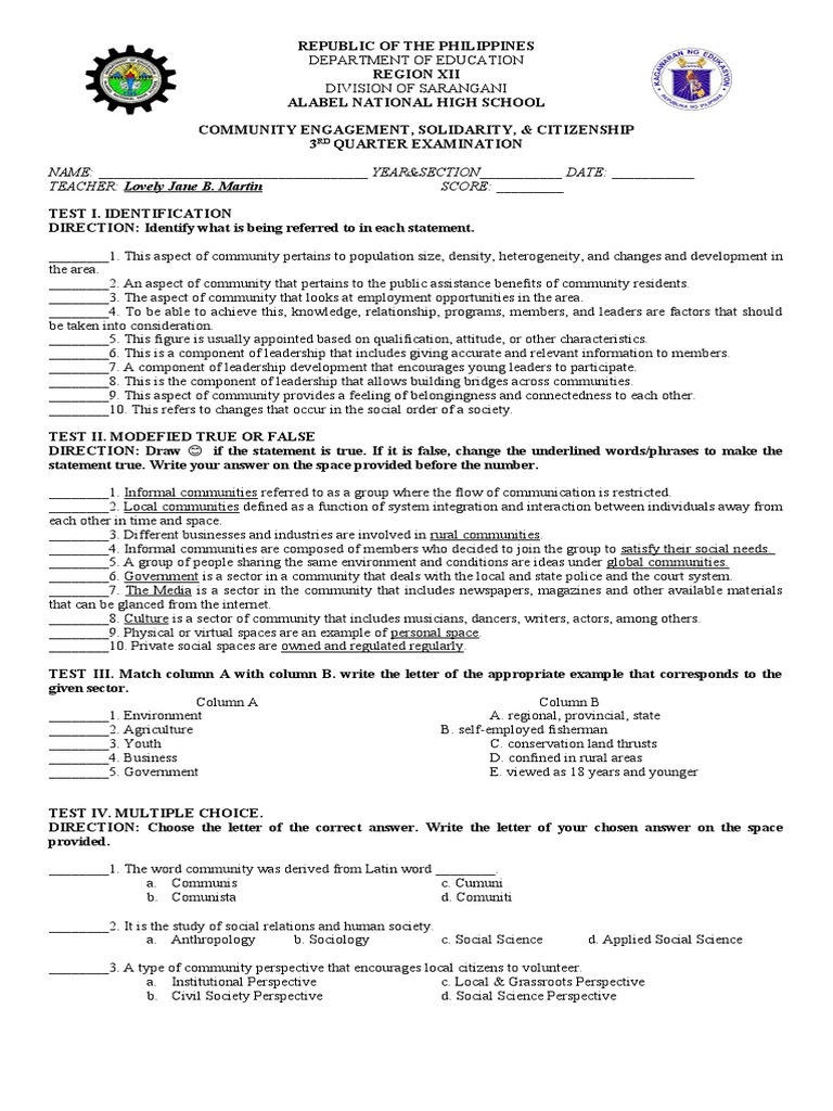 Exam in Community Engagement Solidarity & Citizenship | PDF | Community ...