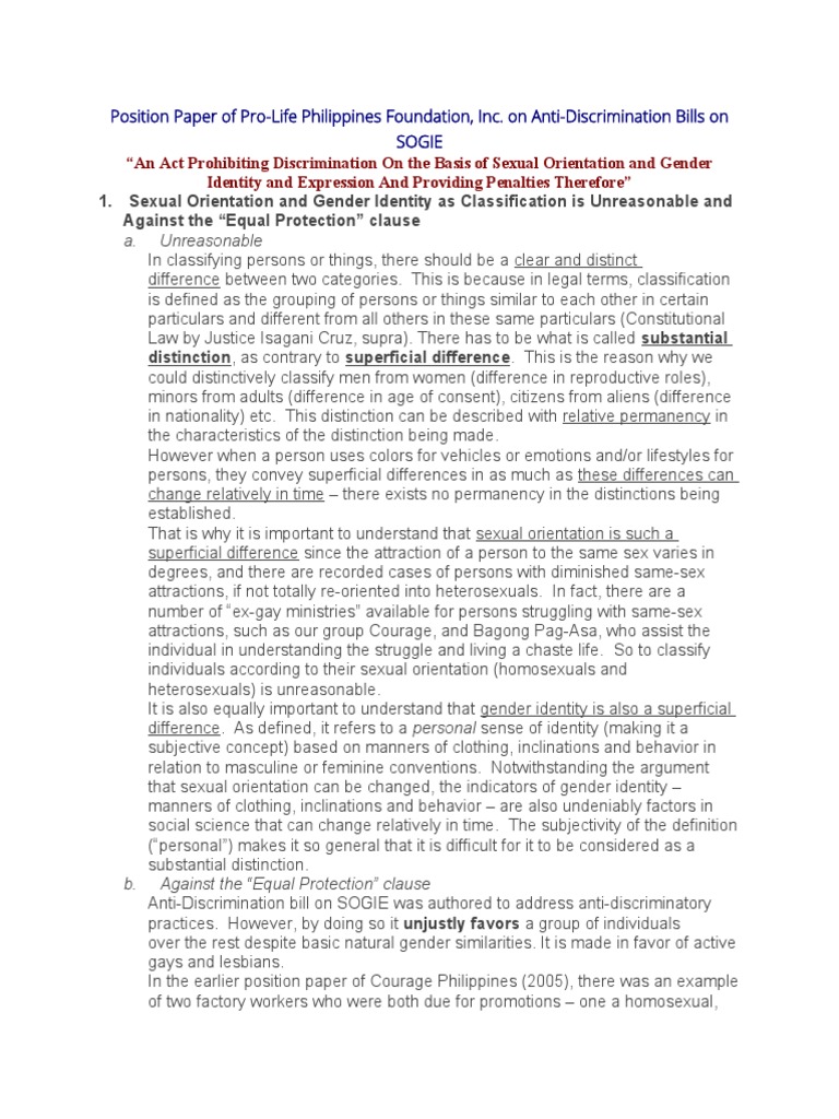 Position Paper of Sogie Bill | PDF | Homosexuality | Discrimination