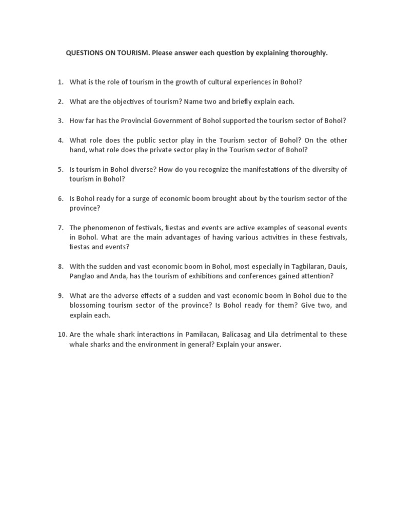 QUESTIONS ON TOURISM. Please Answer Each Question by Explaining ...