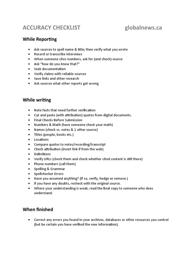 Accuracy Checklist Globalnews - Ca: While Reporting | PDF | Accuracy ...