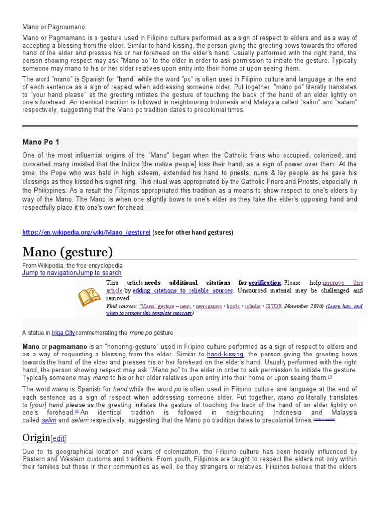 Mano or Pagmamano | PDF | Cultural Conventions | Nonverbal Communication