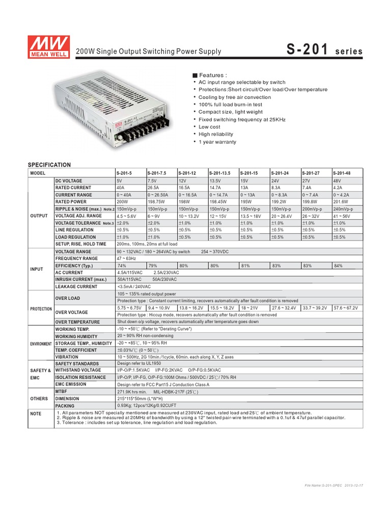 Ngu N 24VDC Mean Well S-201-24 | PDF | Power Supply | Manufactured Goods