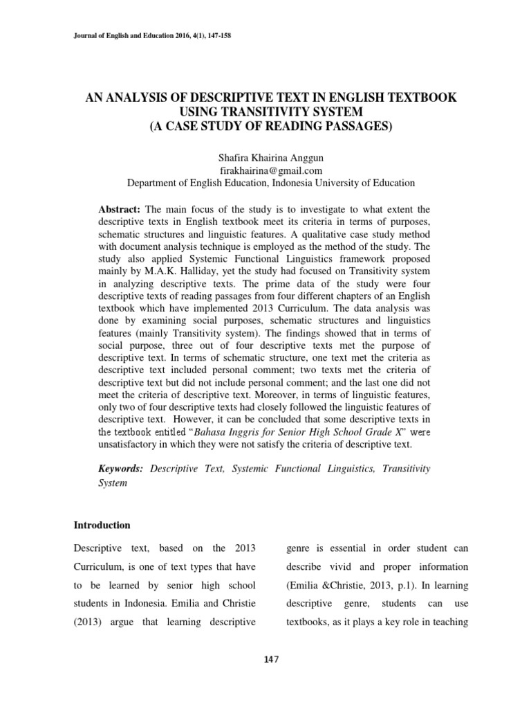 An Analysis of Descriptive Text in English Textbook Using Transitivity ...