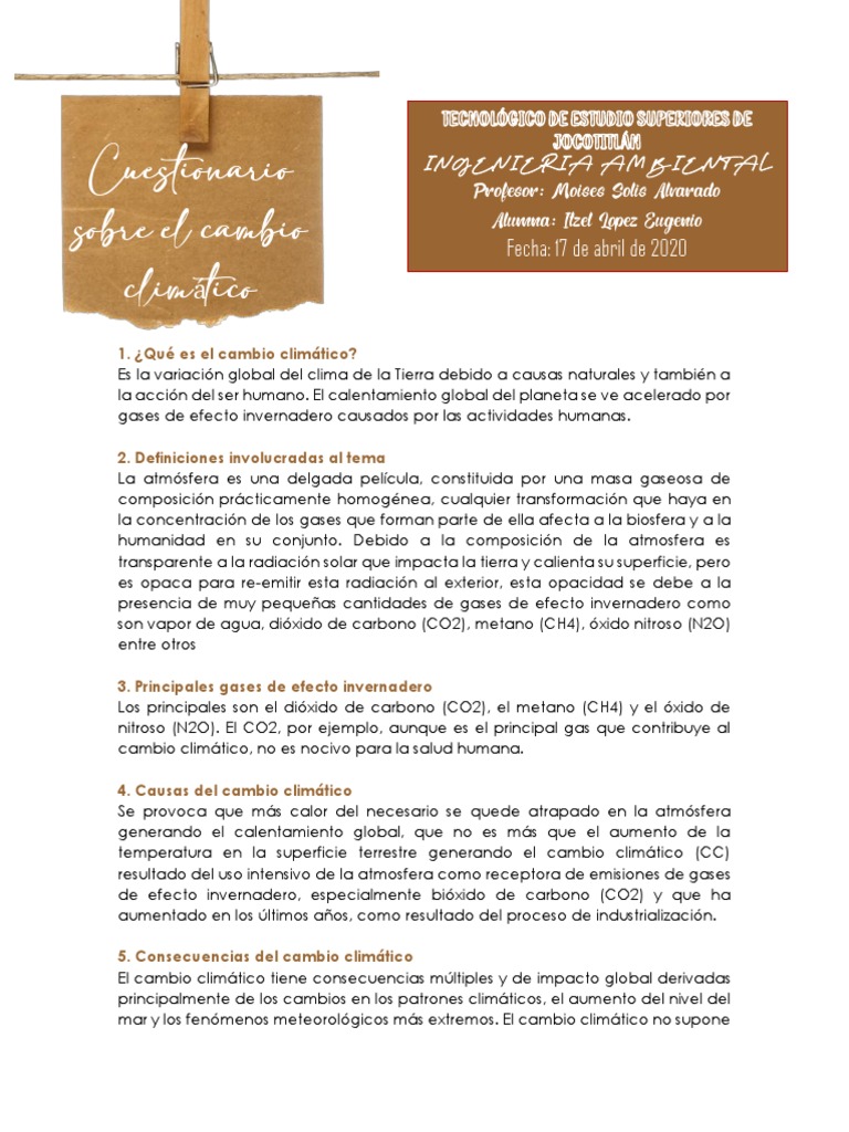 Cuestionario Cambio Climático Ia Pdf Gases De Efecto Invernadero