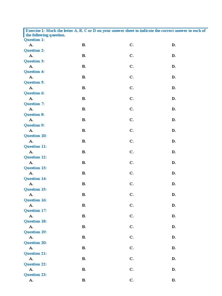 Exercise 1 Mark The Letter A, B, C or D On Your Answer Sheet To ...