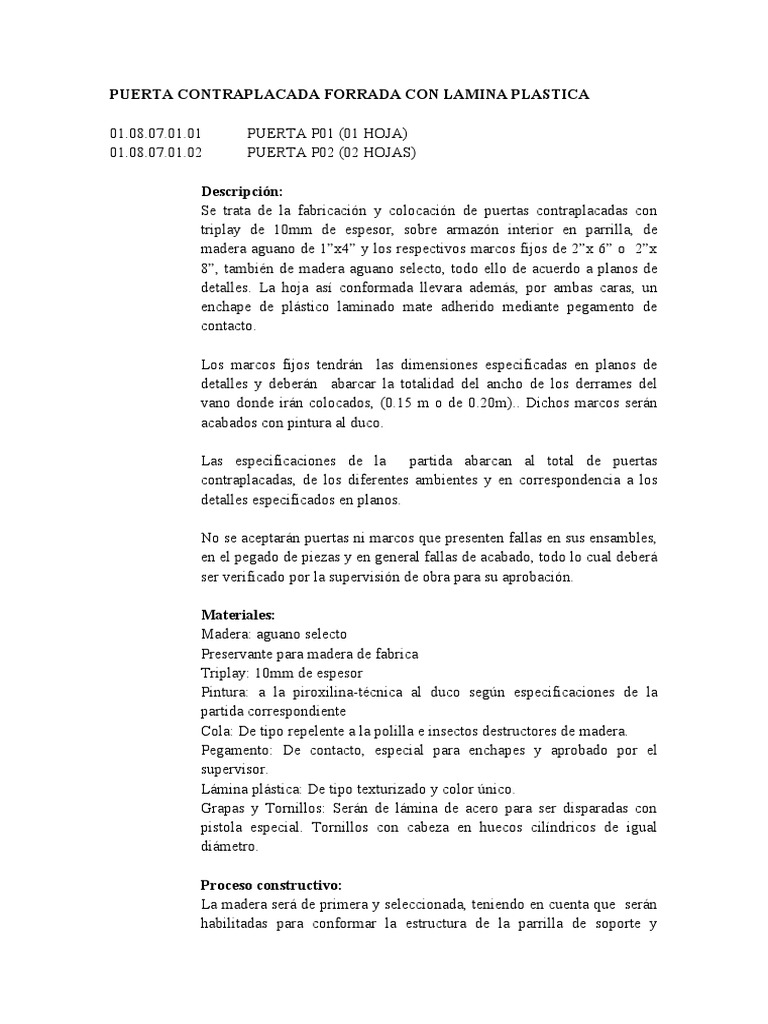 Puerta Contraplacada Forrada Con Lamina Plastica | PDF | Madera | Tornillo