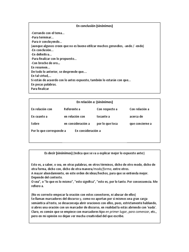 Sinonimos de - en Conclusion, en Relacion, Es Decir | PDF