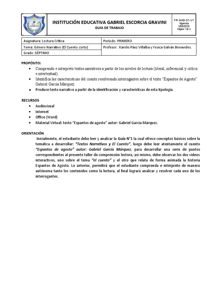 Análisis del cuento "Espantos de Agosto" | PDF