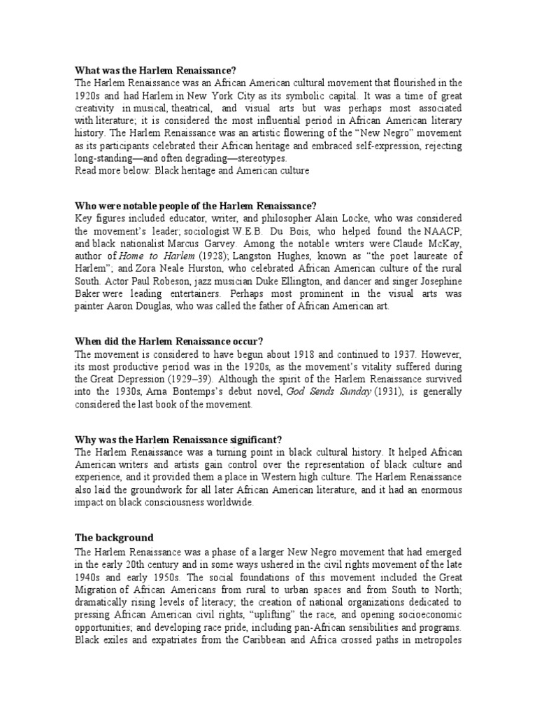 Overview of the Harlem Renaissance | PDF | Harlem Renaissance | African ...