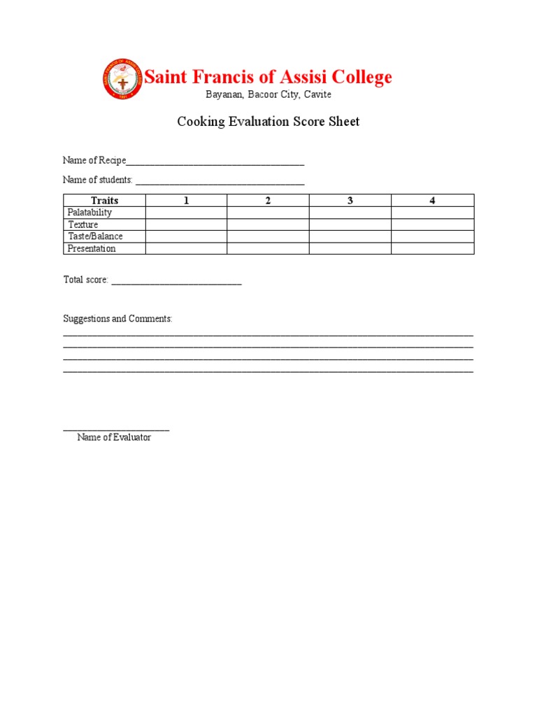 Saint Francis of Assisi College: Cooking Evaluation Score Sheet | PDF