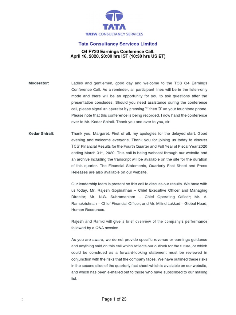 Transcript of The Q4 2019-20 Earnings Conference Call Held at 2000 Hrs ...