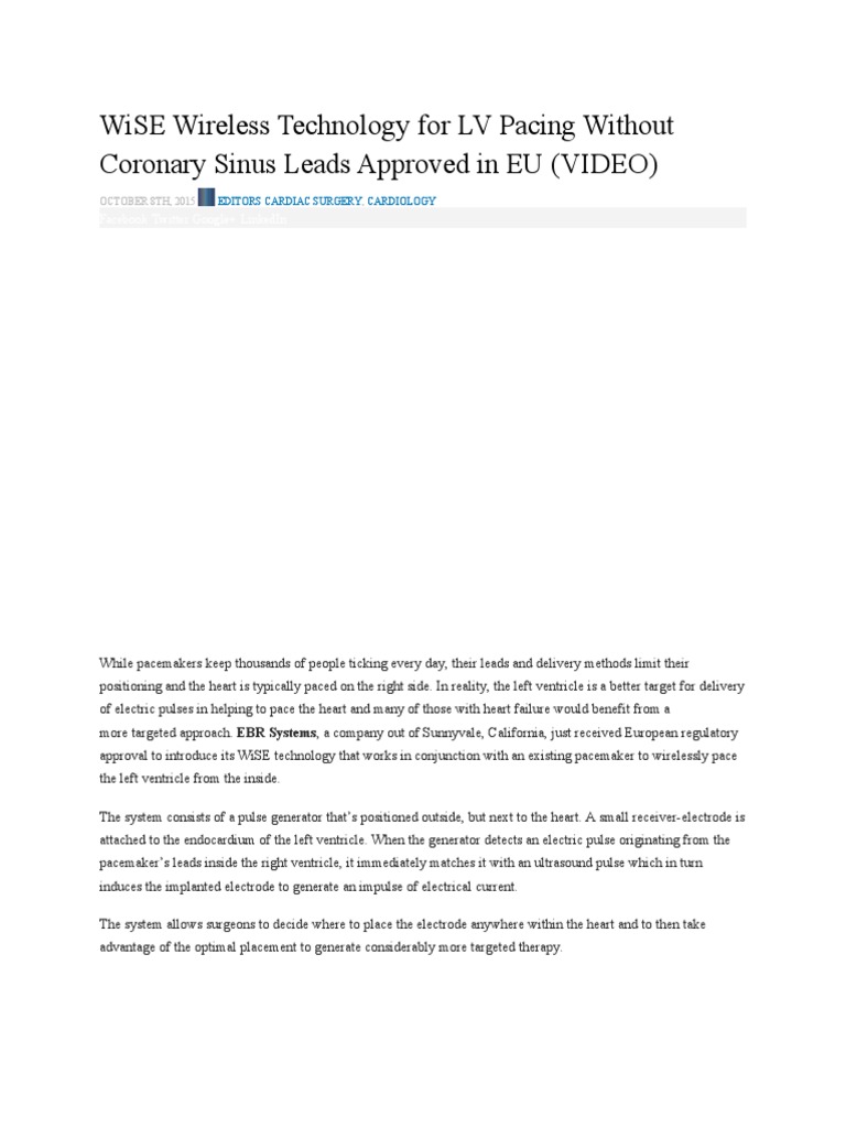 Wise Wireless Technology For LV Pacing Without Coronary Sinus Leads ...