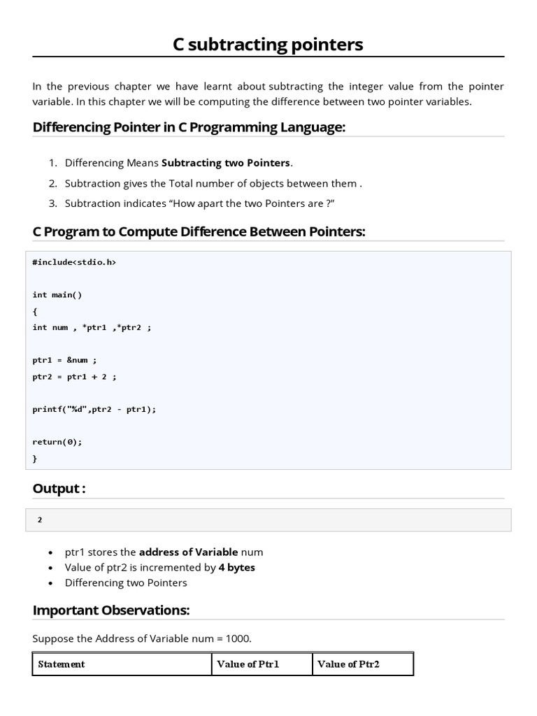 C Subtracting Pointers: Differencing Pointer in C Programming Language | PDF | Pointer (Computer ...
