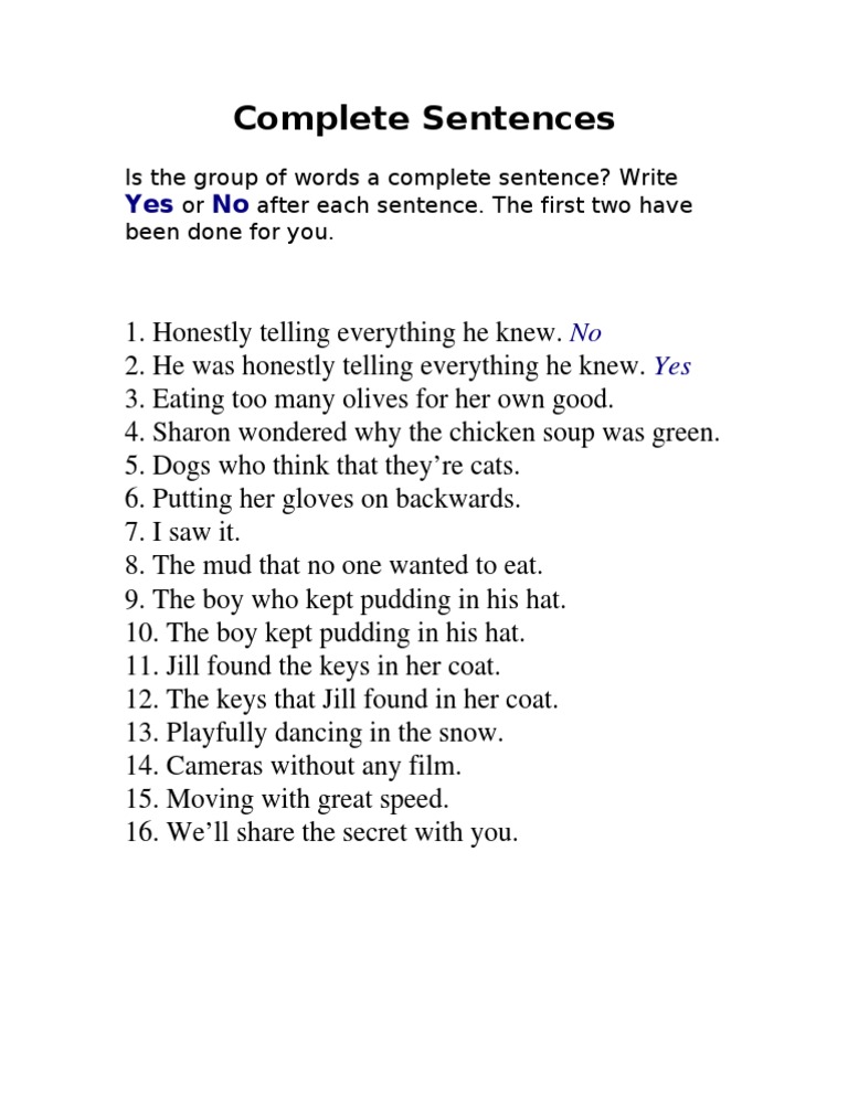 Complete Sentence Identification Exercise | PDF | Language Arts ...