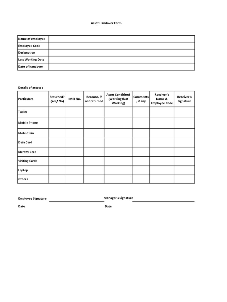 Asset Handover Form PDF | PDF