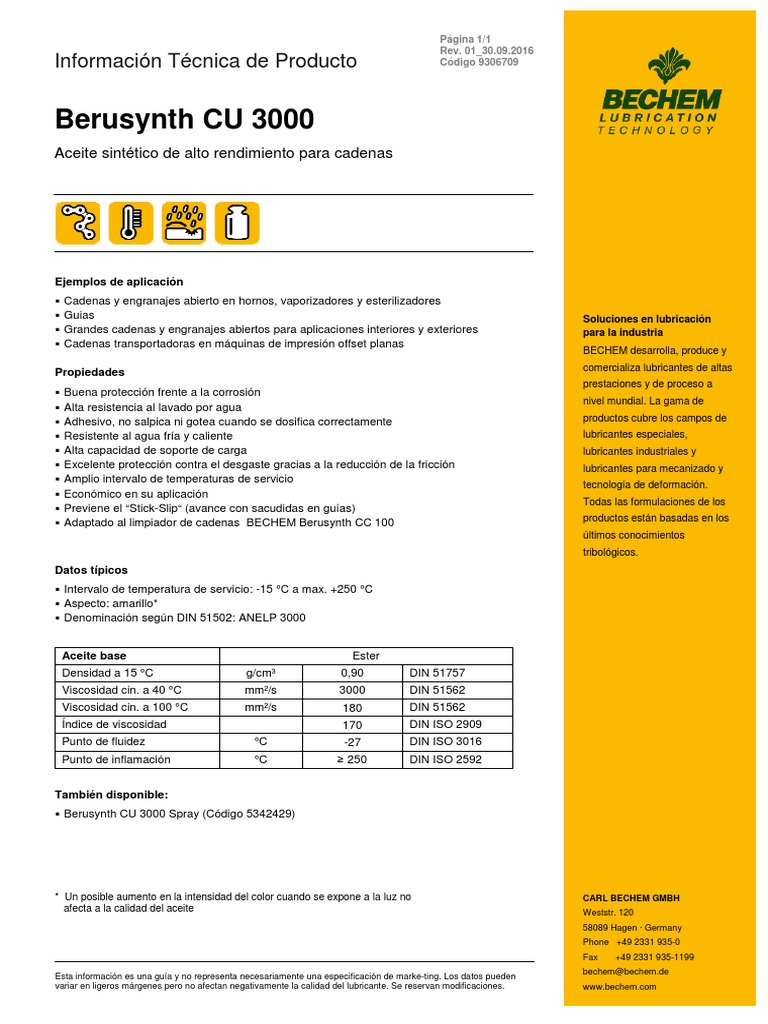 Ficha Técnica - Berusynth CU 3000 - Bechem | PDF | Lubricante | Cobre