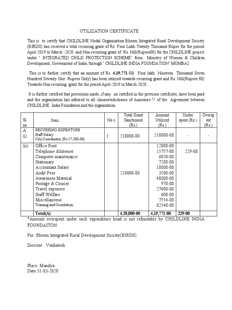 Utilization Certificate - 2019 | PDF | Government | Business