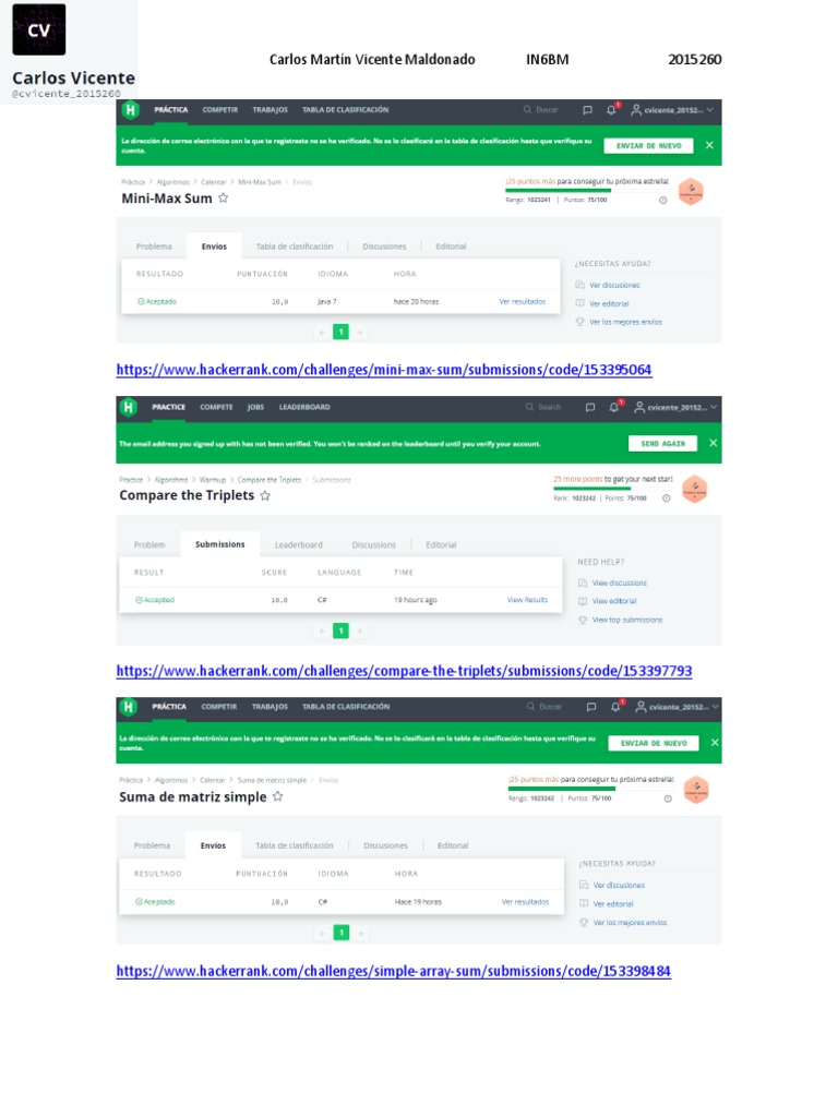 Ejercicios Hackerrank Cvicente-2015260 | PDF