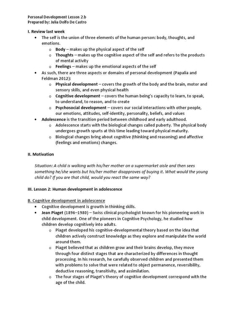 I. Review Last Week: Personal Development Lesson 2.b Prepared By: Julia ...