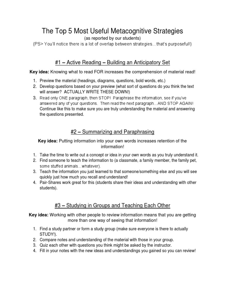 Five Effective Metacognitive Learning Strategies: Active Reading ...