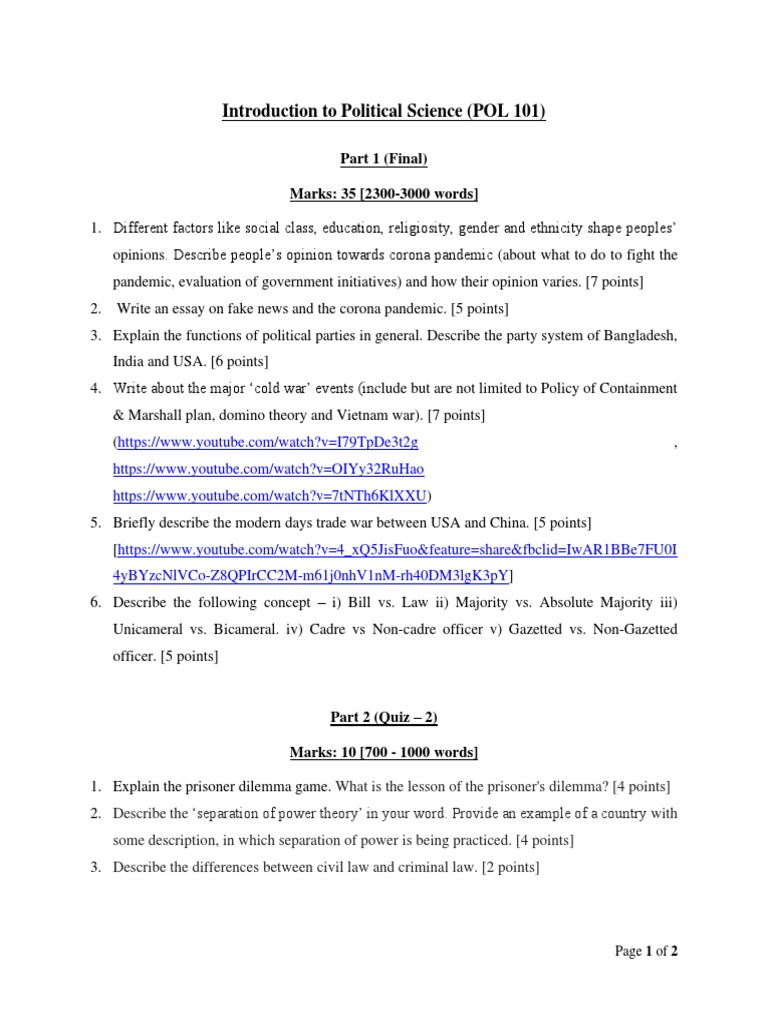 POL 101 Introduction to Political Science Part 1, 2, 3 | PDF