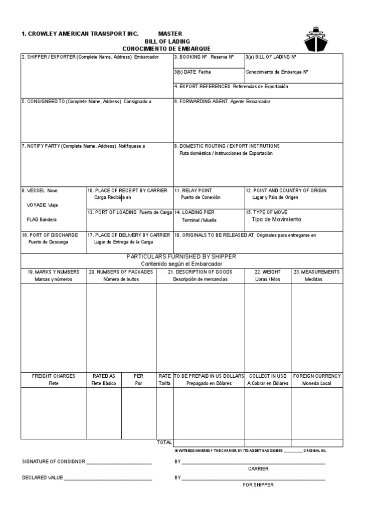 Crowley American Transport Inc. Bill of Lading Conocimiento de Embarque ...