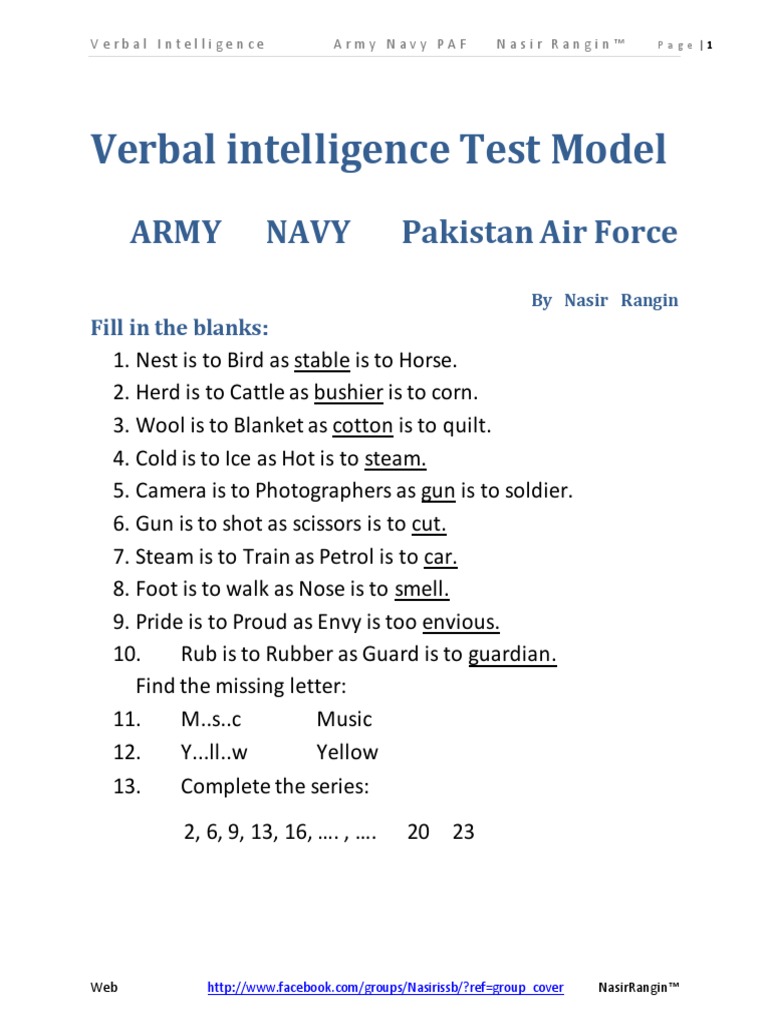 Verbal Intelligence Test Solved by Nasir Rangin-1 PDF | PDF