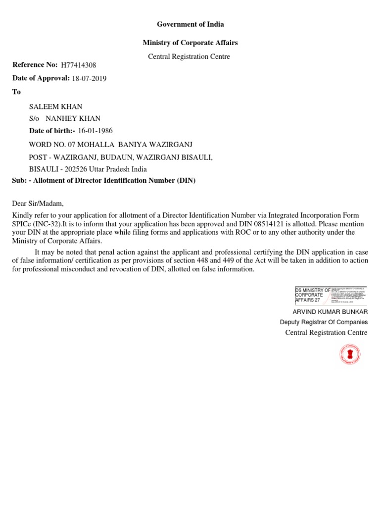 Allotment of Director Identification Number (Din) PDF | PDF ...