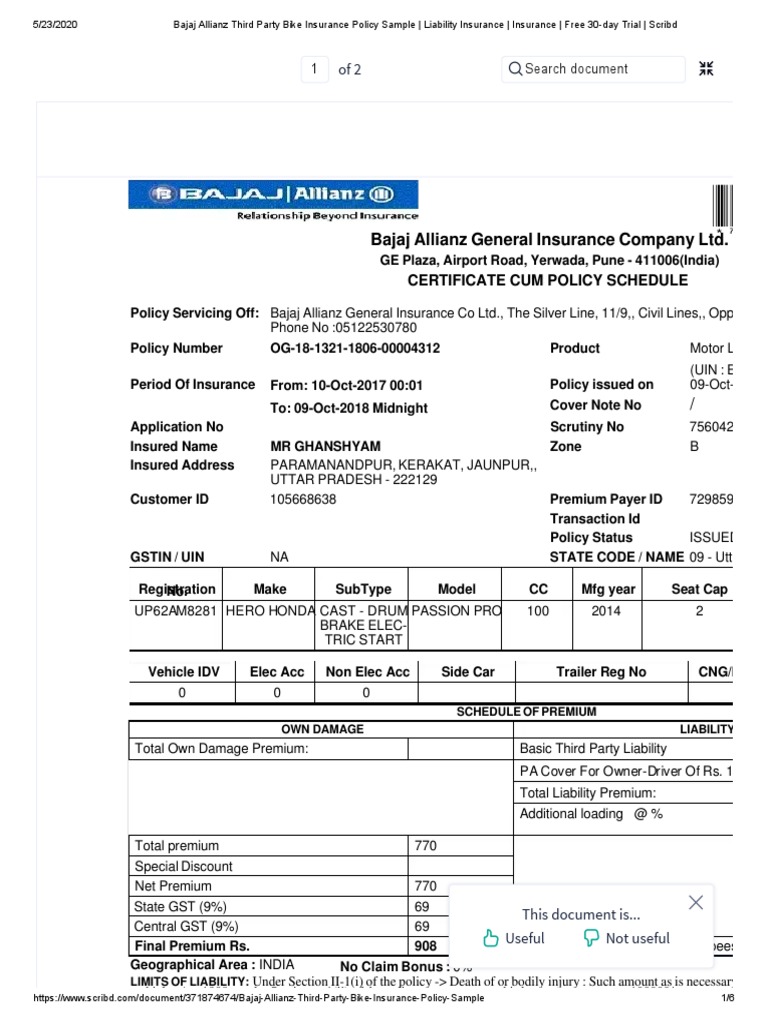 Bajaj Allianz Third Party Bike Insurance Policy Sample - Liability ...