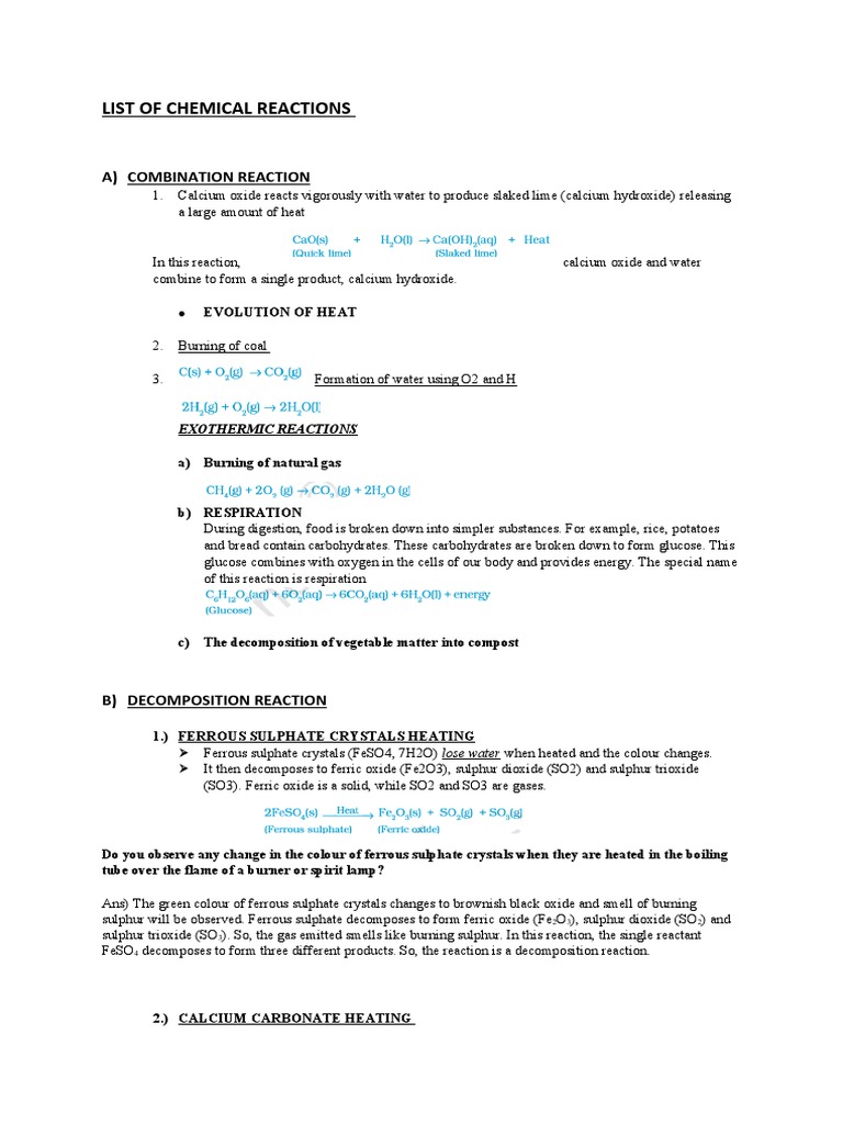 List of Chemical Reactions: A) Combination Reaction | Download Free PDF ...