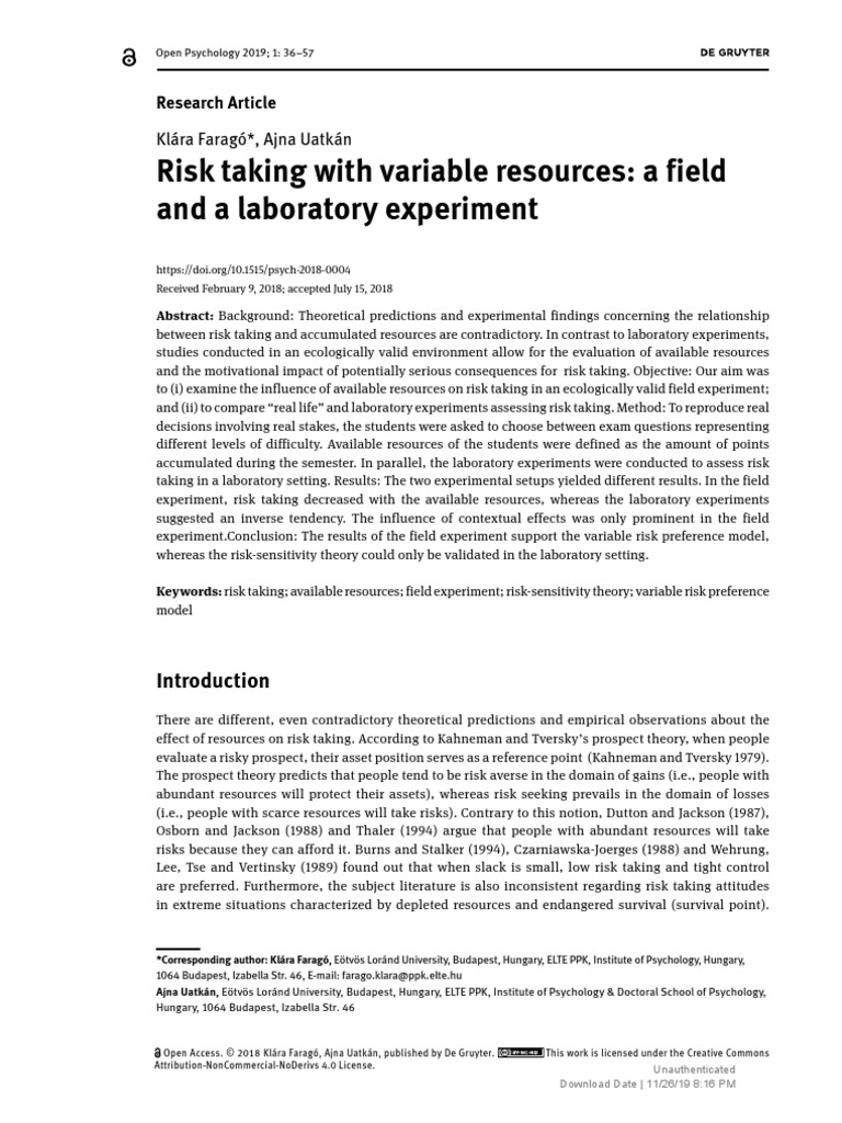 Risk Taking With Variable Resources A Field and A Laboratory Experiment ...