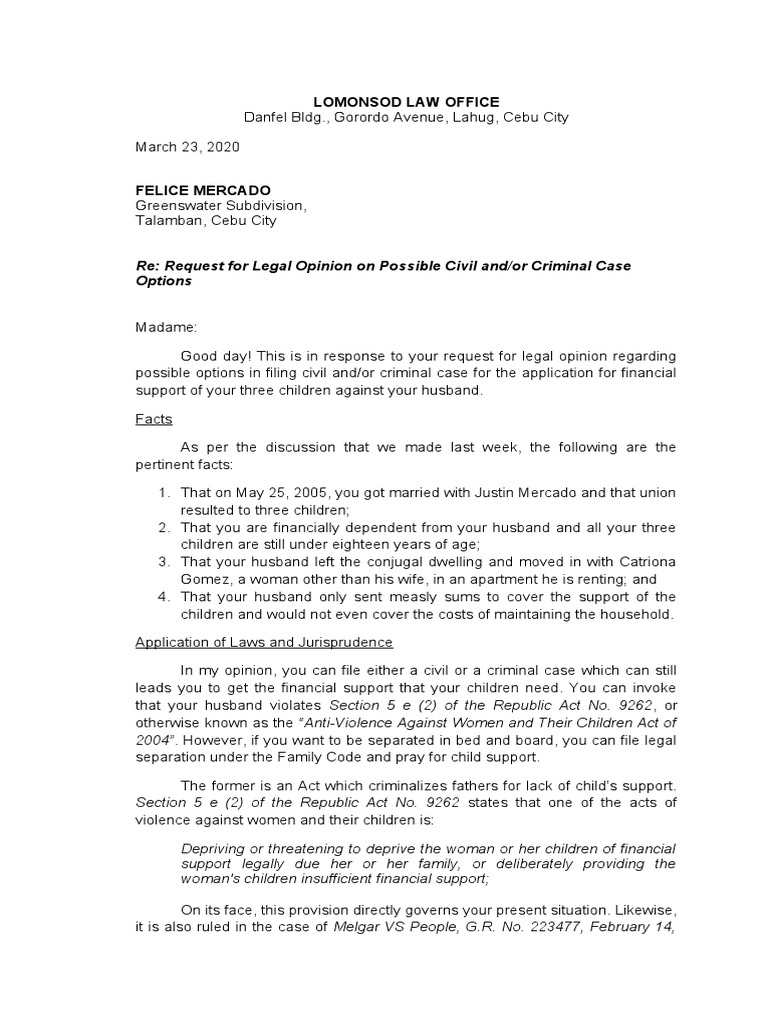 LEGAL OPINION (Sample) | PDF | Husband | Restraining Order